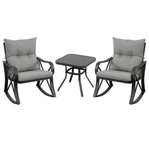 HOMPUS 3-Piece Outdoor Rocking Chairs Bistro Set Wicker Patio Furniture Set Metal Frame Patio Rockes Set w Gray Cushions, Front Porch Rocking Chairs with Glass Coffee Table for Balcony,Garden