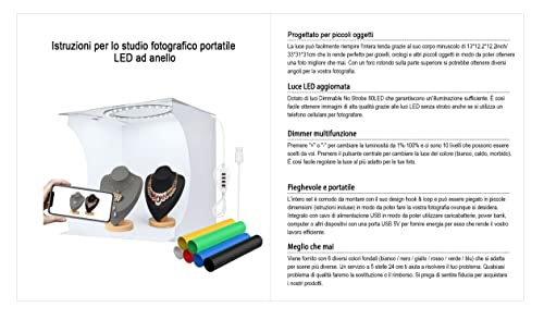 Folding Photo Studio Light Box Kit, 12.2 x 12.2inch Portable Photography Shooting Booth Table Top Light Tent Kit with 80 LED Lights (10 Levels Dimmable 3 Colors) and 6 Colors Backdrops