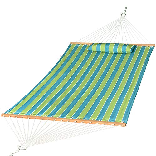 Prime Garden Double Quilted Fabric Hammock with Pillow, Hardwood Spreader Bars, 2 Person Hammock 450 Pound Capacity for Patio Garden Yard, Blue Green Stripe