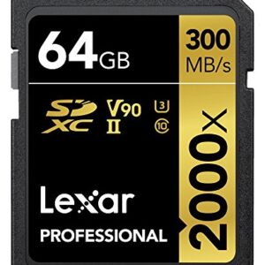 Lexar Professional 2000x 64GB SDXC UHS-II Memory Card, C10, U3, V90, Full-HD & 8K Video, Up To 300MB/s Read, for DSLR, Cinema-Quality Video Cameras (LSD2000064G-BNNNU)