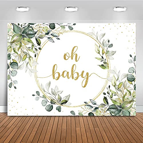 Mocsicka Greenery Baby Shower Backdrop Gold Oh Baby Background Green Eucalyptus Baby Shower Party Cake Table Decoration Banner Photo Booth Props (7x5ft)