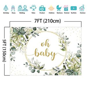 Mocsicka Greenery Baby Shower Backdrop Gold Oh Baby Background Green Eucalyptus Baby Shower Party Cake Table Decoration Banner Photo Booth Props (7x5ft)