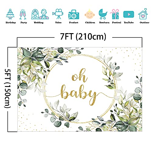 Mocsicka Greenery Baby Shower Backdrop Gold Oh Baby Background Green Eucalyptus Baby Shower Party Cake Table Decoration Banner Photo Booth Props (7x5ft)