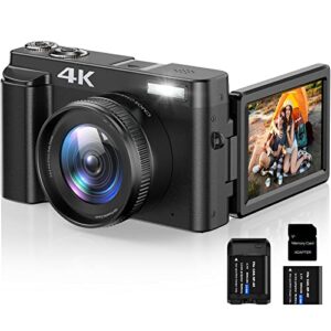 vlogging camera, 4k digital camera for youtube autofocus 16x digital zoom 48mp video cameras for photography with 32gb sd card, 180 degree 3.0 inch flip screen, 2 batteries and charging stand