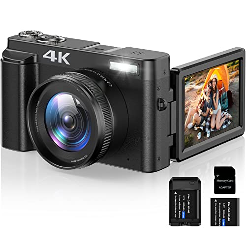 Vlogging Camera, 4K Digital Camera for YouTube Autofocus 16X Digital Zoom 48MP Video Cameras for Photography with 32GB SD Card, 180 Degree 3.0 inch Flip Screen, 2 Batteries and Charging Stand