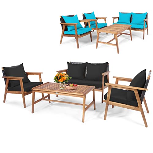 Tangkula 4-Piece Patio Furniture Set, Outdoor Acacia Wood Conversation Set with Cushions and Coffee Table, Turquoise & Black Cushion Cover Sets, Outdoor PE Wicker Sectional Sofa Set for Backyard