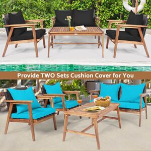 Tangkula 4-Piece Patio Furniture Set, Outdoor Acacia Wood Conversation Set with Cushions and Coffee Table, Turquoise & Black Cushion Cover Sets, Outdoor PE Wicker Sectional Sofa Set for Backyard