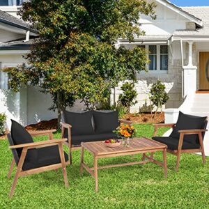 Tangkula 4-Piece Patio Furniture Set, Outdoor Acacia Wood Conversation Set with Cushions and Coffee Table, Turquoise & Black Cushion Cover Sets, Outdoor PE Wicker Sectional Sofa Set for Backyard