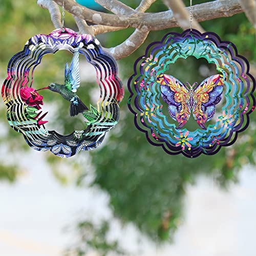 2 Pack Butterfly Metal Wind Spinners Hummingbird Hanging Wind Spinner Stainless Steel Hanging Garden Decor Yard Decorations Outdoor Wind Spinners for Yard and Garden Ornaments Decorations 12 Inches