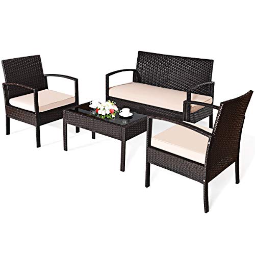 RELAX4LIFE 4 Piece Patio Furniture Set, Wicker Conversation Set w/Removable Seat Cushions, Rattan Chairs & Loveseat & Glass Coffee Table, Outdoor Furniture Set for Garden Balcony Poolside (1)