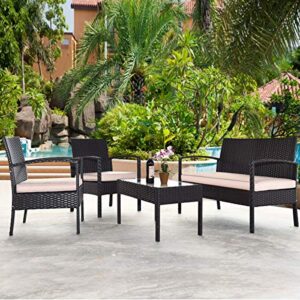 RELAX4LIFE 4 Piece Patio Furniture Set, Wicker Conversation Set w/Removable Seat Cushions, Rattan Chairs & Loveseat & Glass Coffee Table, Outdoor Furniture Set for Garden Balcony Poolside (1)