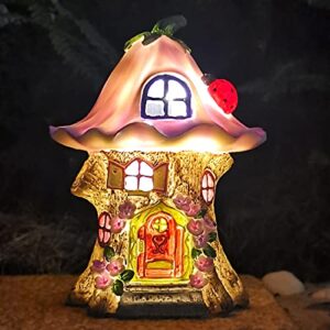 trasfit fairy garden statue house figurine, lovely purple flowers tree house with solar led lights for indoor outdoor patio yard lawn ornaments gift (purple flowers tree house)