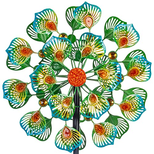 DREAMSOUL Metal Wind Spinner, 360 Degree Wind Sculptures & Spinners Outdoor Peacock Windmills for Yard and Garden(13.4" W x 59.8" H)