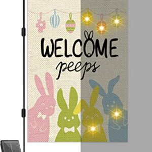 Welcome Easter Garden Flag with Lights Solar Powered Double Sided Spring Lawn Flag Welcome Peeps Rustic Farmhouse Yard Decor 12.5 x 18 Inch Solar Easter Lights Outdoor Decoration Easter Gift