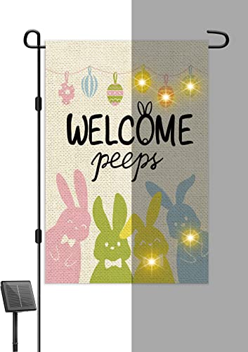 Welcome Easter Garden Flag with Lights Solar Powered Double Sided Spring Lawn Flag Welcome Peeps Rustic Farmhouse Yard Decor 12.5 x 18 Inch Solar Easter Lights Outdoor Decoration Easter Gift