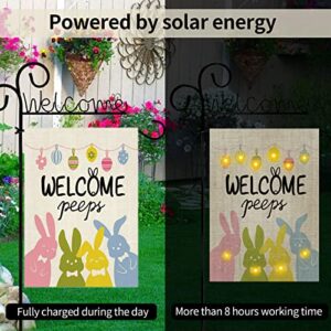 Welcome Easter Garden Flag with Lights Solar Powered Double Sided Spring Lawn Flag Welcome Peeps Rustic Farmhouse Yard Decor 12.5 x 18 Inch Solar Easter Lights Outdoor Decoration Easter Gift