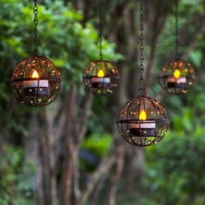 solar lights outdoor hanging lanterns, zhongxin beaded copper wire ball candle holder with solar tea lights, perfect for home, garden, backyard, pergola, patio umbrella, tree, window decor-set of 4