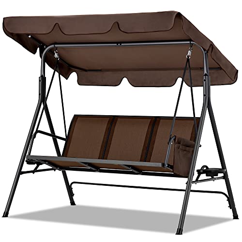 Haddockway 3-Seater Outdoor Adjustable Canopy Swing Chair,Porch Swing with Stand,Armrests,Textilene Fabric,Steel Frame,Patio Swing with Canopy for Garden,Backyard,Balcony,Poolside (Brown)