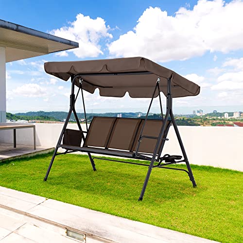 Haddockway 3-Seater Outdoor Adjustable Canopy Swing Chair,Porch Swing with Stand,Armrests,Textilene Fabric,Steel Frame,Patio Swing with Canopy for Garden,Backyard,Balcony,Poolside (Brown)