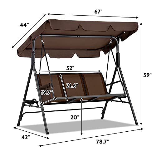 Haddockway 3-Seater Outdoor Adjustable Canopy Swing Chair,Porch Swing with Stand,Armrests,Textilene Fabric,Steel Frame,Patio Swing with Canopy for Garden,Backyard,Balcony,Poolside (Brown)