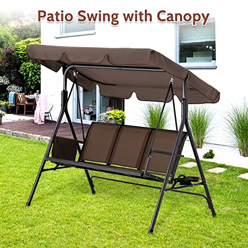 Haddockway 3-Seater Outdoor Adjustable Canopy Swing Chair,Porch Swing with Stand,Armrests,Textilene Fabric,Steel Frame,Patio Swing with Canopy for Garden,Backyard,Balcony,Poolside (Brown)