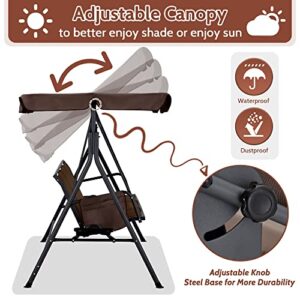 Haddockway 3-Seater Outdoor Adjustable Canopy Swing Chair,Porch Swing with Stand,Armrests,Textilene Fabric,Steel Frame,Patio Swing with Canopy for Garden,Backyard,Balcony,Poolside (Brown)