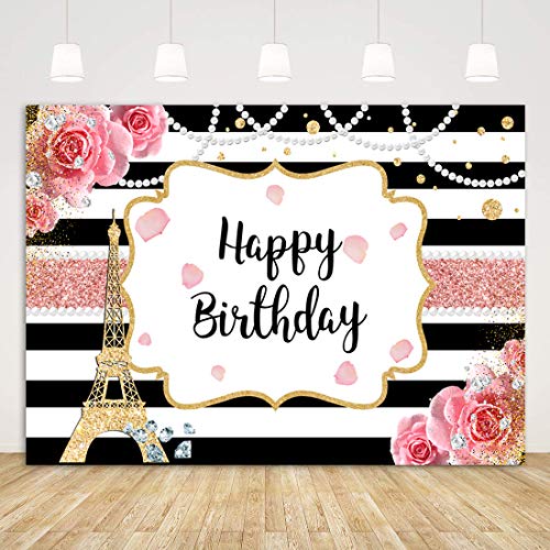 Sensfun Paris Birthday Backdrop Eiffel Tower French Theme Birthday Photo Background 7x5ft Pink Roses Ooh La La Black White Stripes Floral Happy Birthday Backdrops Decorations