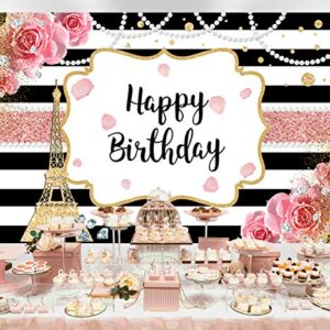 Sensfun Paris Birthday Backdrop Eiffel Tower French Theme Birthday Photo Background 7x5ft Pink Roses Ooh La La Black White Stripes Floral Happy Birthday Backdrops Decorations