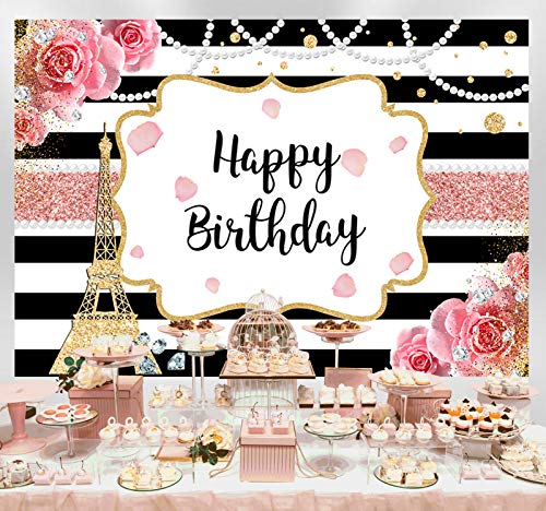 Sensfun Paris Birthday Backdrop Eiffel Tower French Theme Birthday Photo Background 7x5ft Pink Roses Ooh La La Black White Stripes Floral Happy Birthday Backdrops Decorations