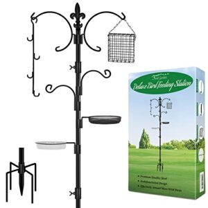 feed garden multi bird feeding station kit wild bird feeder pole, 93 inch premium feeder hanging kit with bird bath, mesh tray, metal suet and fruit hook, 5 prong base