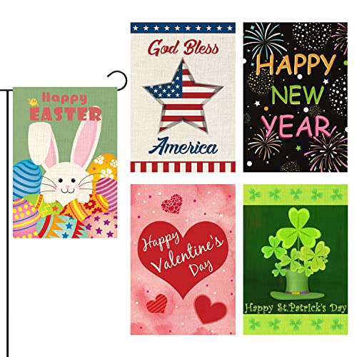 WATINC 5Pcs Welcome Garden Flags Burlap Vertical Double Sided Happy Easter God Bless America Holiday Party Decorations Valentine's Day St. Patrick's Day House Flag for Outdoor Lawn Yard 12 x 18 Inch