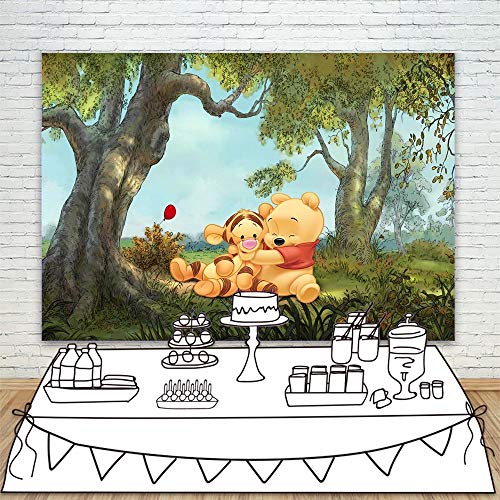 YouRan Winnie The Pooh 1st Birthday Backdrop 7x5 Cartoon Forest Tree Red Balloons Newborn Baby Photo Background Pooh Vinyl Seamless Baby Shower Studio Backdrops