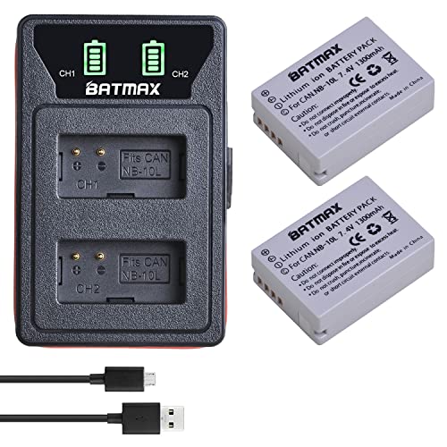 Batmax 2Packs High Capacity NB-10L Battery (1300mAh) + Dual Bulit-in USB Charger for Canon NB-10L Battery;Canon PowerShot G1 X, G3-X, G15, G16, SX40 HS, SX50 HS, SX60 HS Digital Cameras