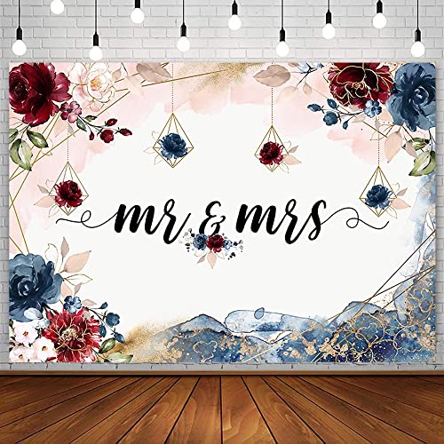 AIBIIN 7x5ft Navy and Blush Pink Floral Mr & Mrs Engagement Decorations Backdrop for Couples Wedding Bride and Groom Engaged Ceremony Anniversary Bridal Shower Photography Background Photo Booth Props