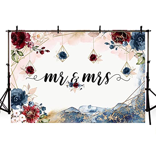 AIBIIN 7x5ft Navy and Blush Pink Floral Mr & Mrs Engagement Decorations Backdrop for Couples Wedding Bride and Groom Engaged Ceremony Anniversary Bridal Shower Photography Background Photo Booth Props