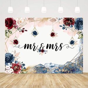 AIBIIN 7x5ft Navy and Blush Pink Floral Mr & Mrs Engagement Decorations Backdrop for Couples Wedding Bride and Groom Engaged Ceremony Anniversary Bridal Shower Photography Background Photo Booth Props