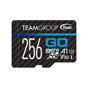 teamgroup go card 256gb micro sdxc uhs-i u3 v30 4k for gopro & drone & action cameras high speed flash memory card with adapter for outdoor, sports, 4k shooting, nintendo-switch tgusdx256gu303