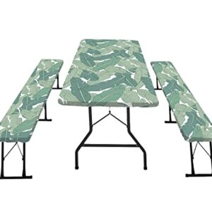 Capslpad 6 ft Picnic Table Cover with Bench Covers with Elastic Edges Waterproof Polyester Tablecloth with Seat Covers for Picnic Table Bench Camping Indoor Outdoor Patio Garden,Tropical Palm Leaves