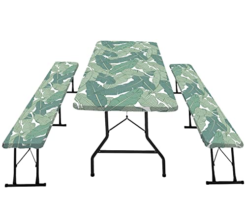 Capslpad 6 ft Picnic Table Cover with Bench Covers with Elastic Edges Waterproof Polyester Tablecloth with Seat Covers for Picnic Table Bench Camping Indoor Outdoor Patio Garden,Tropical Palm Leaves