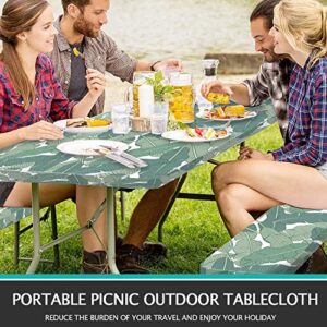 Capslpad 6 ft Picnic Table Cover with Bench Covers with Elastic Edges Waterproof Polyester Tablecloth with Seat Covers for Picnic Table Bench Camping Indoor Outdoor Patio Garden,Tropical Palm Leaves