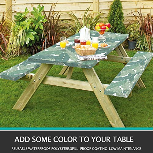 Capslpad 6 ft Picnic Table Cover with Bench Covers with Elastic Edges Waterproof Polyester Tablecloth with Seat Covers for Picnic Table Bench Camping Indoor Outdoor Patio Garden,Tropical Palm Leaves