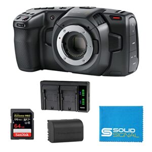 blackmagic design pocket cinema camera 4k bundle – includes sandisk extreme pro 64gb sdxc card, additional lp-e6 battery, dual battery charger, and solidsignal microfiber cloth