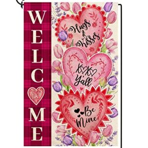 Baccessor Valentine's Day Love Heart Hugs Kiss Be Mine Tulip Garden Flag Double Sided Spring Burlap Flag Anniversary Wedding Yard Outdoor Seasonal Decoration 12x18 Inch