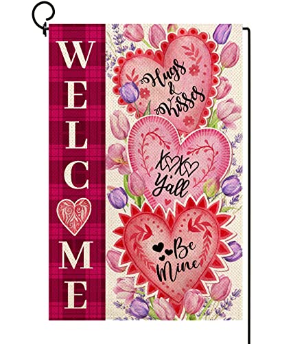 Baccessor Valentine's Day Love Heart Hugs Kiss Be Mine Tulip Garden Flag Double Sided Spring Burlap Flag Anniversary Wedding Yard Outdoor Seasonal Decoration 12x18 Inch