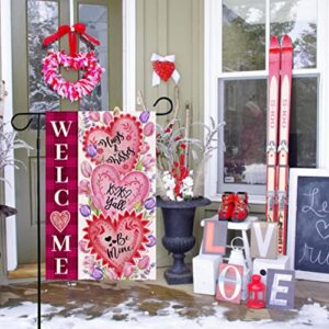 Baccessor Valentine's Day Love Heart Hugs Kiss Be Mine Tulip Garden Flag Double Sided Spring Burlap Flag Anniversary Wedding Yard Outdoor Seasonal Decoration 12x18 Inch