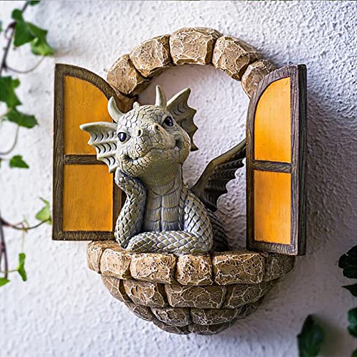 Eita Courtyard Dragon Carving Ornament Dragon Gate Statue Resin Garden Dragon Statue Dragon Meditating by The Window Garden Dragon Sculpture Decorative Dragon (Happy Dragon No. 2)