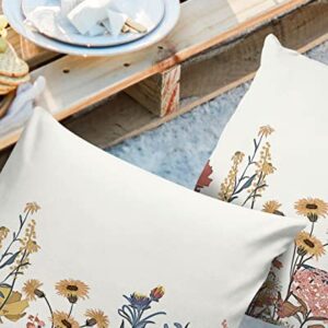 Outdoor Pillow Covers 18 x 18 Inches, Fall Wild Flowers Waterproof Throw Pillow Cover Set of 2, Rustic Autumn Botanical Leaves Home Decorative Square Cushion Covers for Patio/Tent/Couch/Garden