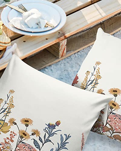 Outdoor Pillow Covers 18 x 18 Inches, Fall Wild Flowers Waterproof Throw Pillow Cover Set of 2, Rustic Autumn Botanical Leaves Home Decorative Square Cushion Covers for Patio/Tent/Couch/Garden