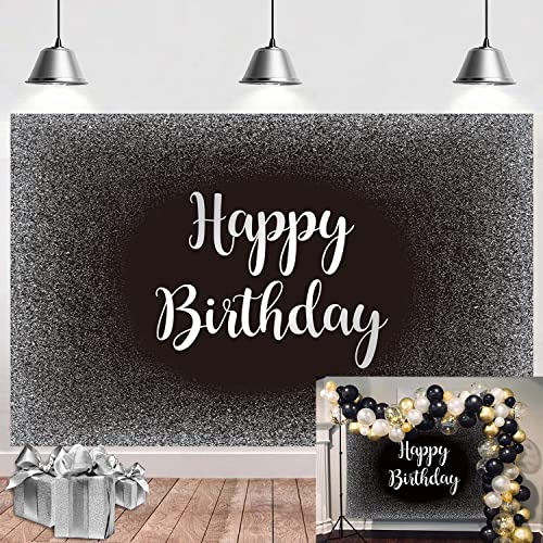 Black and Silver Happy Birthday Backdrop Grey Glitter Photography Background Men Women Adult Birthday Decoration Supplies 7x5FT