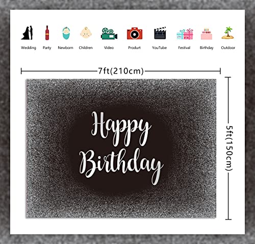 Black and Silver Happy Birthday Backdrop Grey Glitter Photography Background Men Women Adult Birthday Decoration Supplies 7x5FT